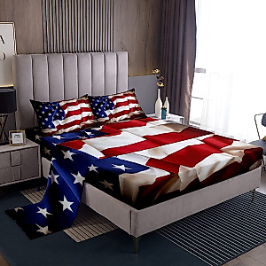 Erosebridal United States Sheet Set Teens American Flag Fitted Sheet Full, Blue Red Bedding Set Geometric Stripes Bed Sheet with Deep Pocket, 4 Pcs with 1 Fitted Sheet, 1 Flat Sheet, 2 Pillow Cases