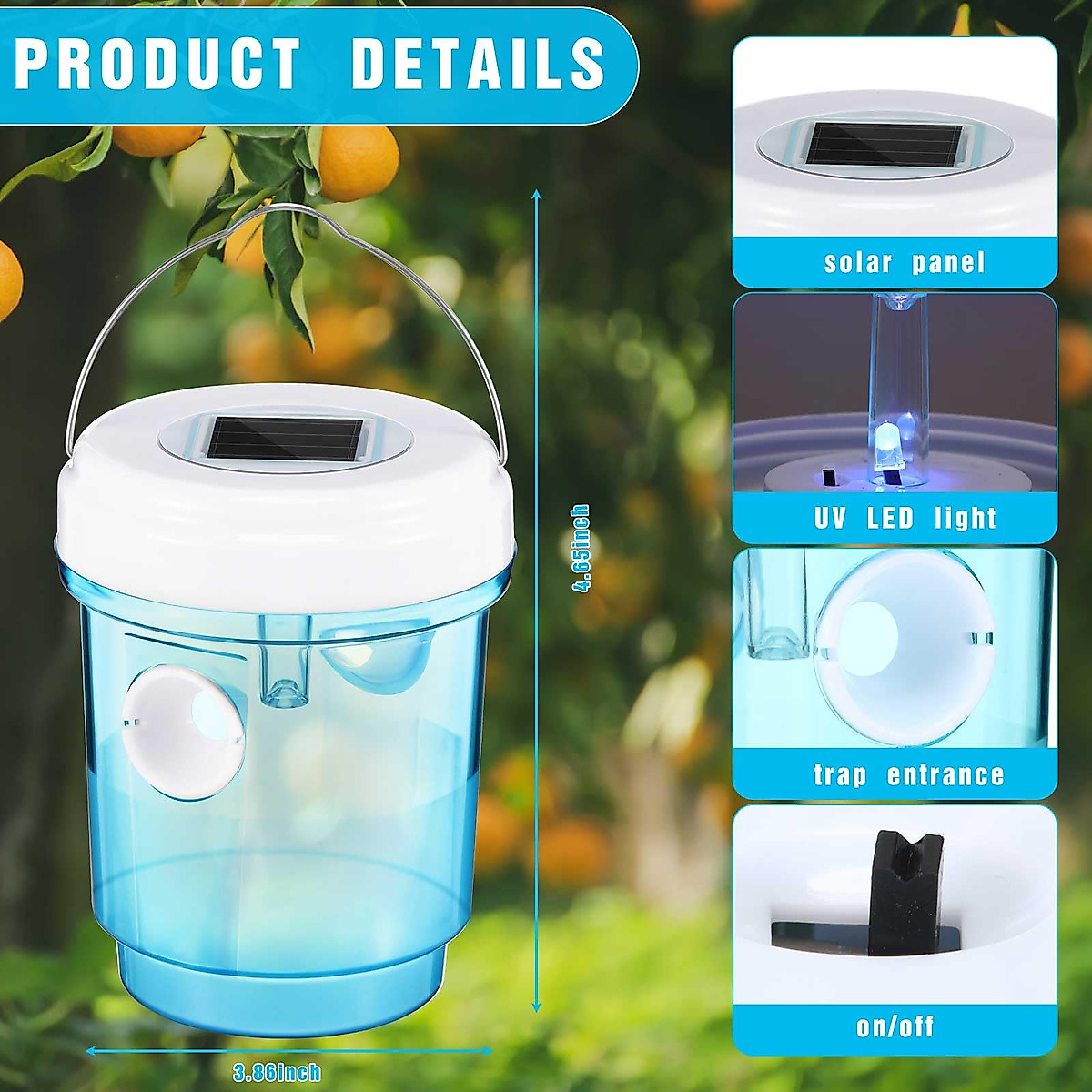 2 Pack Wasp Traps Outdoor Hanging Fly Traps with UV LED Light Solar Powered Hornet Trap Non-Toxic Reusable Hornet Traps Wasp Killer for Indoor Outdoor Patio Garden Home (Blue)