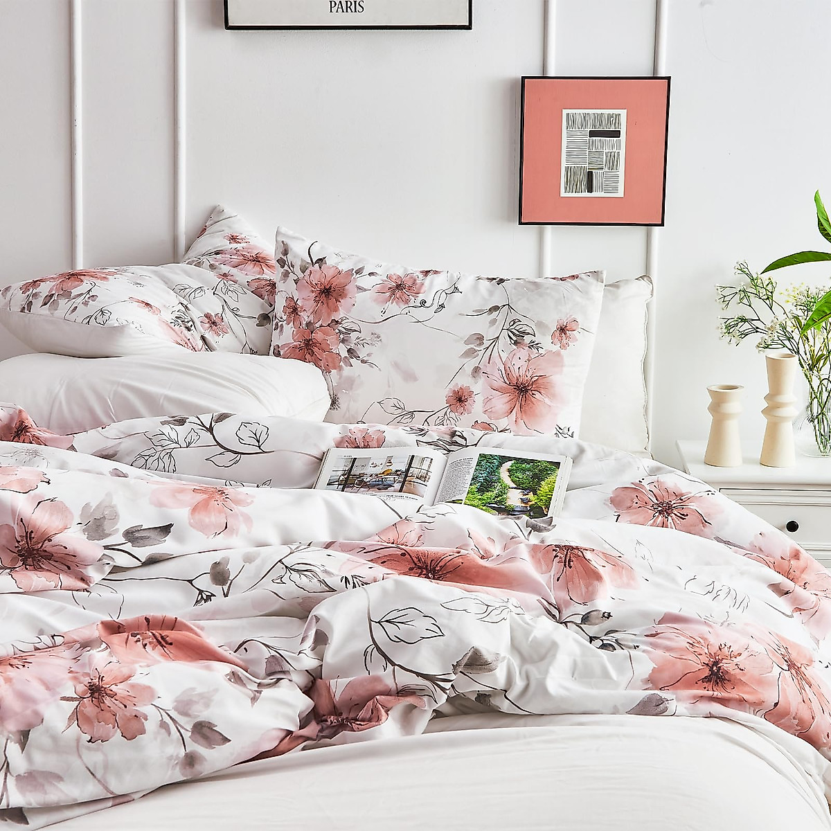 DESIHOM Pink Floral Duvet Cover King Size Cute Coquette Flower Duvet Covers Set 3 Pieces for Kids with Zipper Closure, Aesthetic Breathable King Comforter Quilt Cover Microfiber Bedding Set