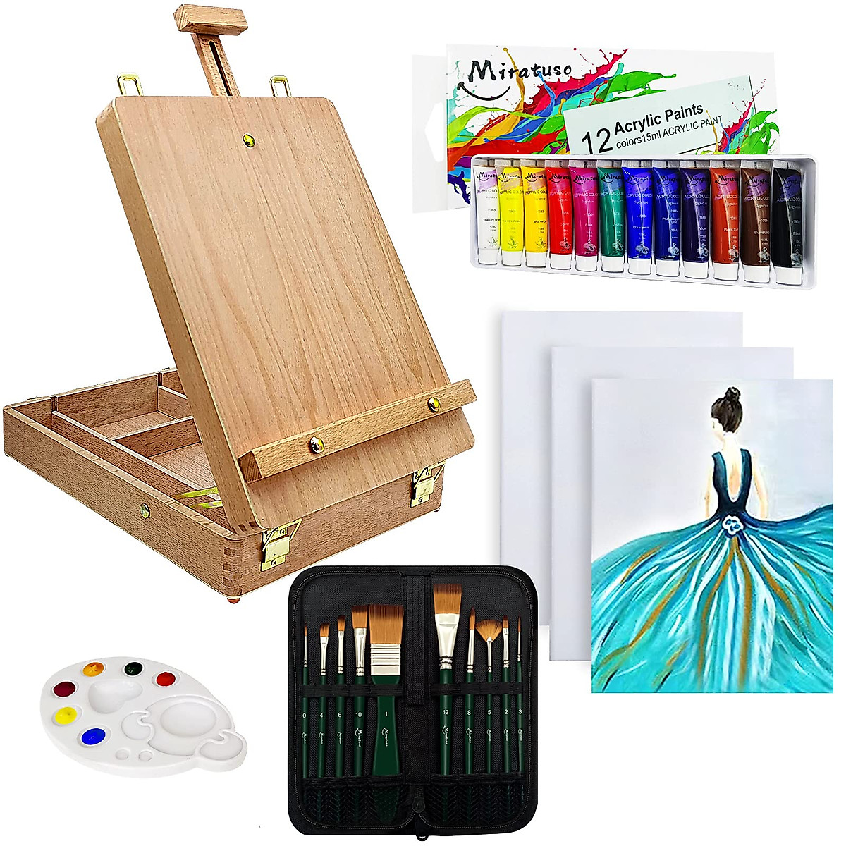 Deluxe Art Supplies 27 Pieces Art Set with Tabletop Easel, 12 Colors Acrylic Paint, 10 Paint Brushes, 3 Canvas Panels, Palettes