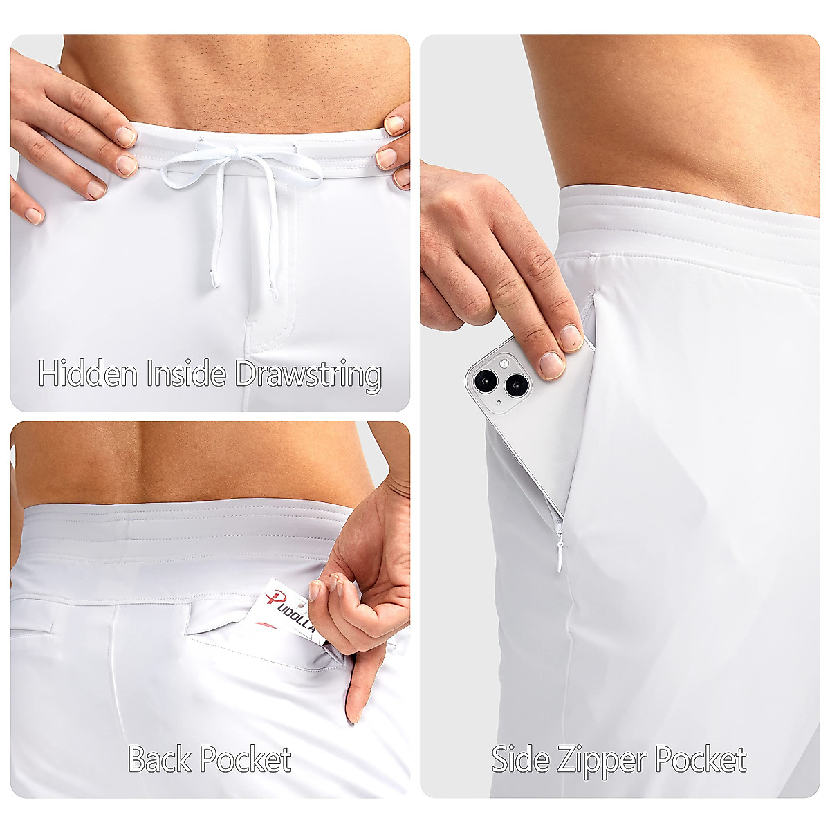 Pudolla Men's Golf Pants Stretch Sweatpants with Zipper Pockets Slim Fit Work Casual Joggers Pants for Men (White Medium)