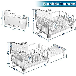 caktraie Dish Drying Rack - Expandable Dish Rack for Kitchen Counter, Rust-Proof Kitchen Dish Drying Rack with Utensil Holder, Cups Holder, White