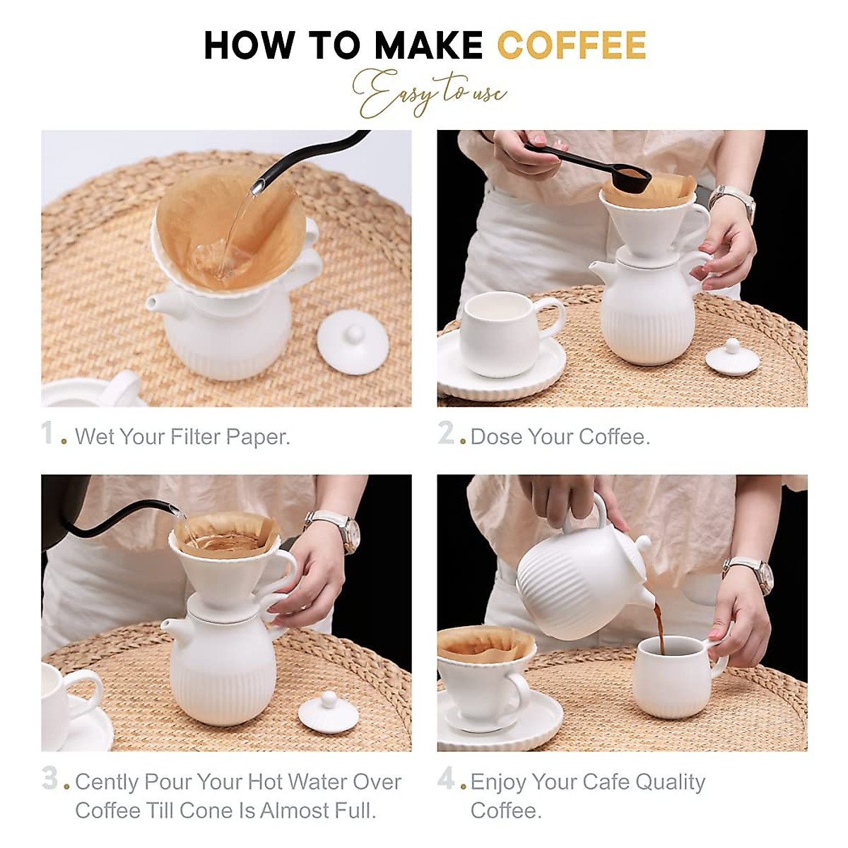 D'ORAMIE Pour Over Coffee Dripper Set ，Maker Ceramic Slow Brewing Coffee Set for Home, Cafe Restaurants Homewarming Gift Easy Manual Brew Maker Gift Strong Flavor Brewer Set