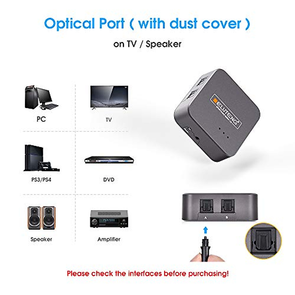 ELUTENG 1X3 Toslink SPDIF Digital Optical Audio Splitter, 3-Way Signal Amplifier with Optical Audio Cable Support LPCM2.0/DTS/Dolby Digital for TV,Home Theater,Sound bar, PS4,Blu-ray,Xbox