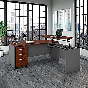 Bush Business Furniture Series C 72W x 36D 3 Position Bow Front Sit to Stand L Shaped Desk with Mobile File Cabinet in Hansen Cherry/Graphite Gray