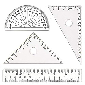 Coopay 4 Pieces Math Geometry Tool Set Includes Plastic Clear Ruler, Protractor, Triangle for School Office Home Supplies (6 inch)