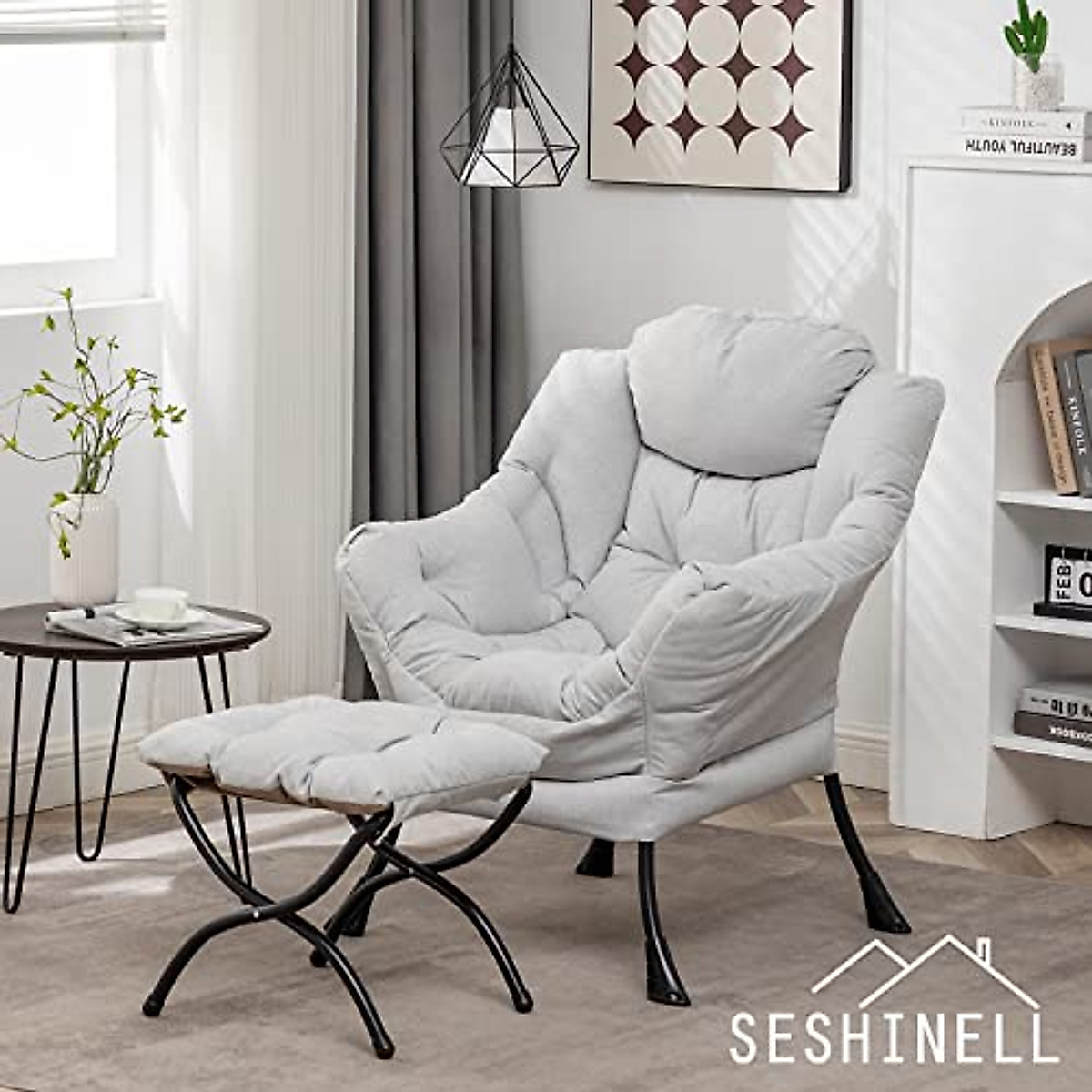 SESHINELL Lazy Chair with Ottoman, Modern Accent Chair Contemporary Lounge Leisure Sofa Chair with Armrests, Reading Chair and Folding Footstool Set for Living Room, Bedroom, Office, Light Grey