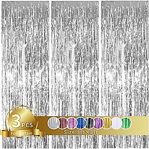 TONIFUL 3Pcs Silver Door Streamers,Silver Photo Booth Backdrop Metallic Streamers Silver Foil Fringe Curtains for Birthday,Christmas,New Year,Bachelorette,Grad Party Streamers Decor(9.9ft x 8.2ft)