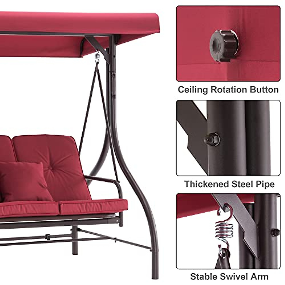 MCombo 3-Seat Outdoor Patio Swing Chair, Adjustable Backrest and Canopy, Porch Swing Glider Chair, w/Cushions and Pillows, 4068 (Burgundy)