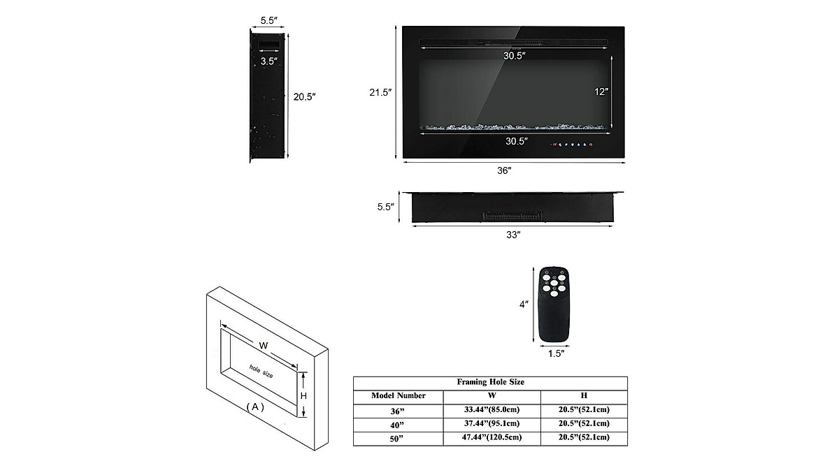 Tangkula 36 inches Electric Fireplace Insert with Thermostat, in-Wall ...