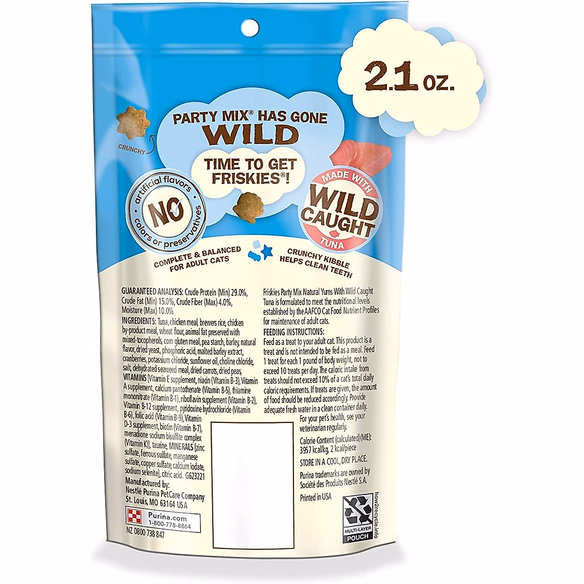 Aurora Pet Variety Pack (5) Friskies Party Mix Natural YUMS Cat Treats (Salmon, Tuna, Chicken, Shrimp, Catnip) 2.1-oz Each with AuroraPet Wipes