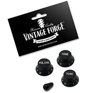 Vintage Forge Black Guitar Control Knobs (1 Volume, 2 Tone, 1 Switch Tip) for Fender Strat Style Electric Guitars Fits USA (Imperial) Split Shaft Pots STKUS-BLK