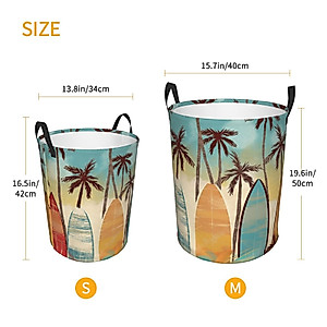 Surfboard Palm Tree Print Laundry Basket Waterproof Laundry Hamper With Handles Large Dirty Clothes Hamper For Dorm Family Travel Medium