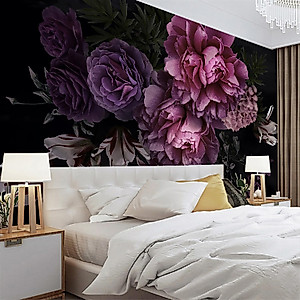 GLWYHY - 3D Visual Black Background Purple Floral Wallpaper Bedroom Beautiful Peony Decorated Mural（Non-self-Adhesive Wall Stickers）