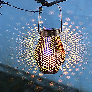 DJASM 2 Pieces Retro Wrought Iron Solar Led Lantern Outdoor Waterproof Hanging Lamp Light Control Induction Home Garden Lawn Landscape Lighting