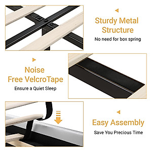 Benevika King Size Bed Frame with Headboard, Faux Leather Modern Low Profile Platform Bed with LED Lights, Strong Wooden Slats Support, No Box Spring Needed, White & Black