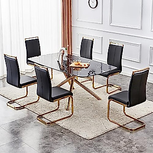 71 inch Glass Dining Table with Black Marble Finish Glass Top, Rectangular Glass Kitchen Table Furniture with 6 Golden Plating Metal Legs for Home Office Kitchen Dining Room, 6-8 People