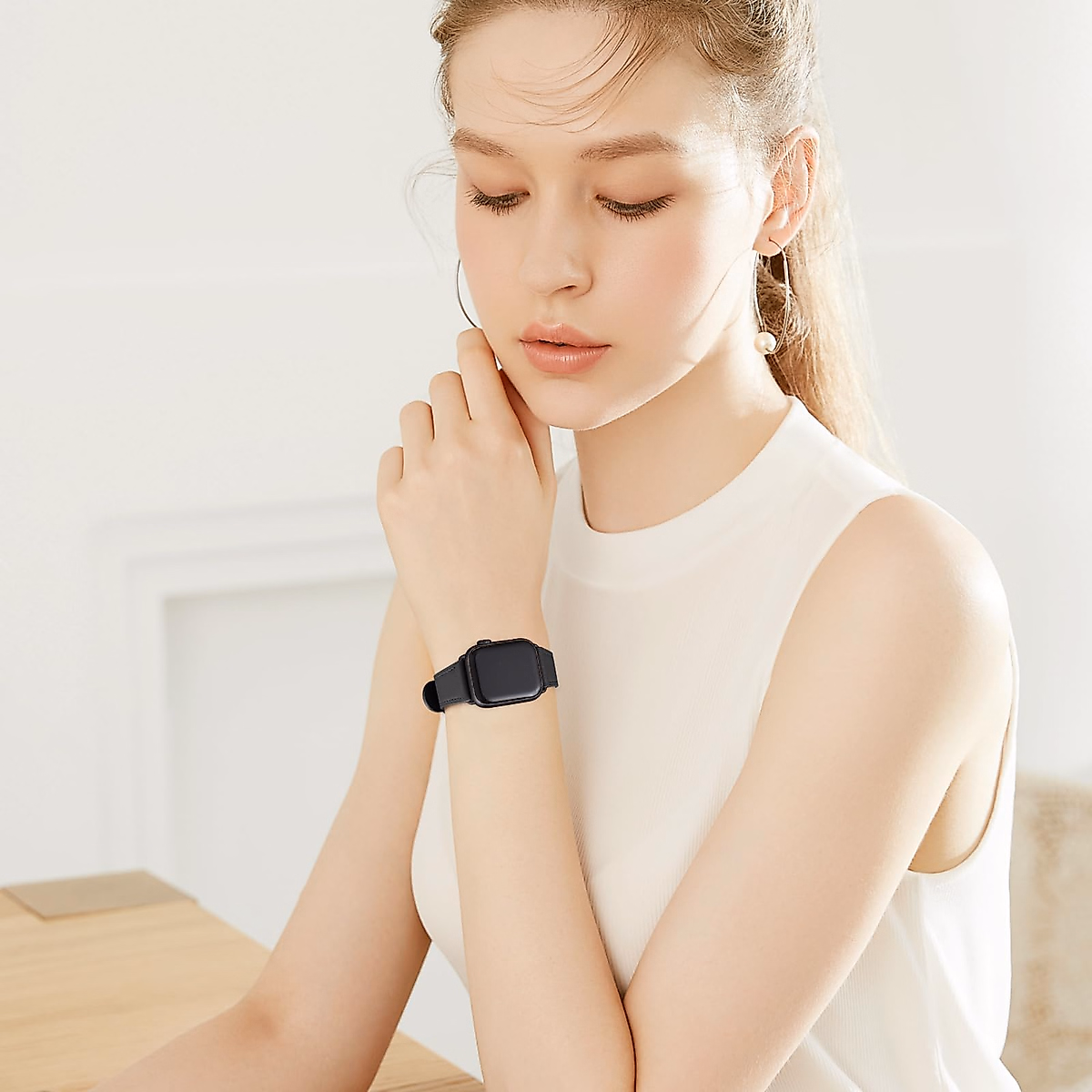 MNBVCXZ Compatible with Apple Watch Band 38mm 40mm 41mm 42mm 44mm 45mm 46mm 49mm Women Men Genuine Leather Replacement Strap for iWatch Series 10 9 8 7 6 5 4 3 2 1 SE Ultra (Black/Black)