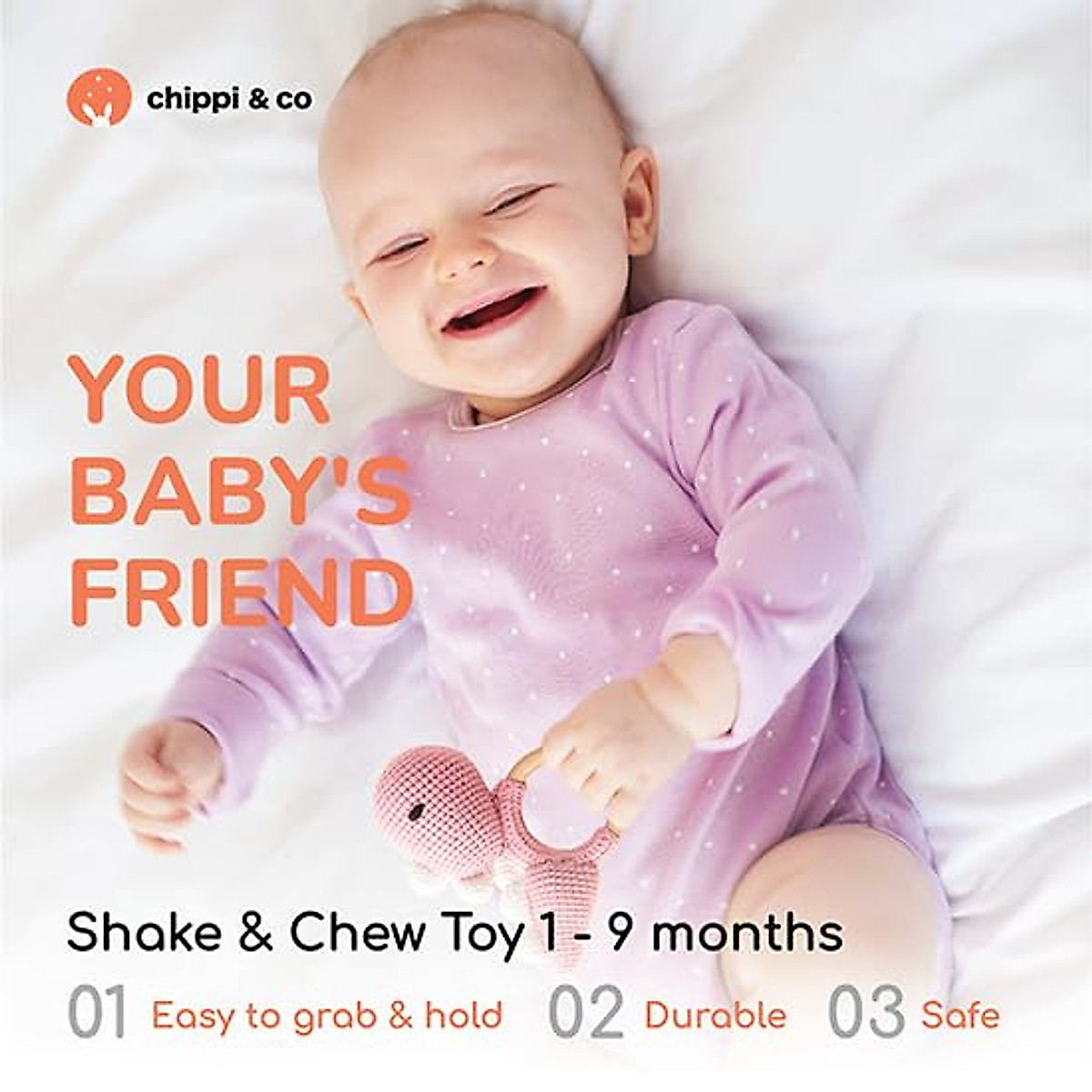 Chippi & Co Wooden Crochet Baby Rattle, Crochet Toys Stuffed Animals Easter Gifts for Kids, Newborn Toys, Unique Easter Basket Stuffers, Basket Filler, Cute Baby Shower Decor (Didi The Pink Dinosaur)