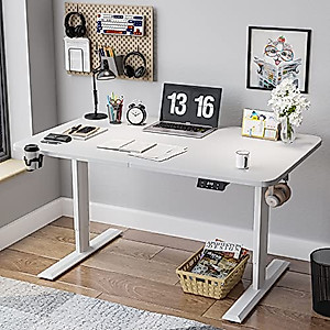 YESHOMY Electric Standing Desk Height Adjustable Table Ergonomic Home Office Workstation with Cup Holder and Headphone Hook, 55", White