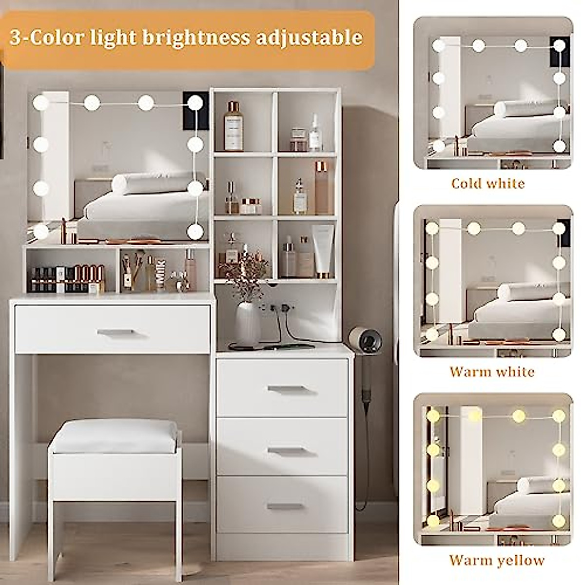 Vabches White Vanity Desk with Mirror and Lights, Makeup Vanity Table with Charging Station, 3 Lighting Modes Brightness Adjustable, 4 Drawers, 8 Shelves, Vanity Set, 38.7in(L)