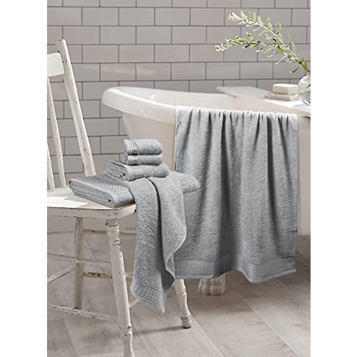 GLAMBURG 100% Cotton Ultra Soft 6 Pack Towel Set, Contains 2 Bath Towels 28x55 Inches, 2 Hand Towels 16x24 Inches & 2 Wash Coths 12x12 Inches, Compact Absorbent Lightweight & Quickdry - Light Grey