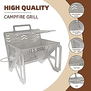 HIEWOAS Portable Fire Pit with BBQ Grill, 304 Stainless Steel Campfire Grill, Camping Firepit Charcoal Grill Outdoor Bon Fire Wood for Car Camping Patio Garden Backyard