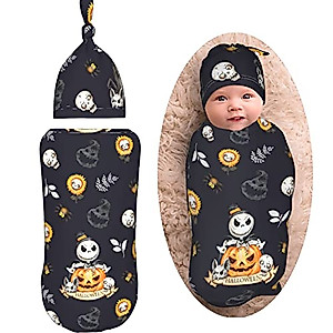 AuHomea Halloween Pattern in Black Skulls Newborn Swaddle Blanket Soft Unisex Infant Swaddle Wrap Blanket Baby Receiving Blanket with Beanie Hat for Boy and Girl