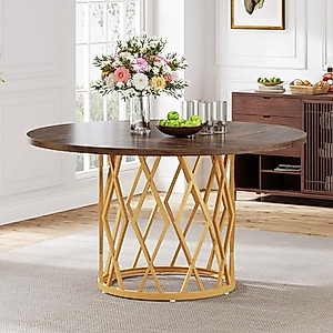 Tribesigns Round Dining Table for 4 People, Circle Dining Room Table with Metal Base, 47.2 Inch Round Kitchen Dinner Table for Living Room Kitchen Dining Room (Gold and Brown)