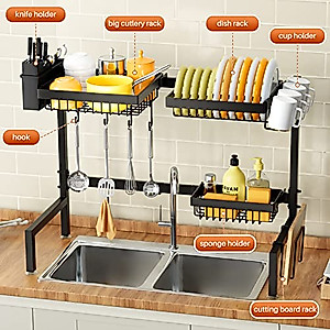 YKLSLH 2 Tiers of Retractable Large Over The Sink Dish Drying Rack with 3 Baskets, for All Sinks (22.8"-39.4"),Adjustable Large Capacity Sink Rack, Iron Drain Rack to Save Space（2 Tiers-3 Baskets）