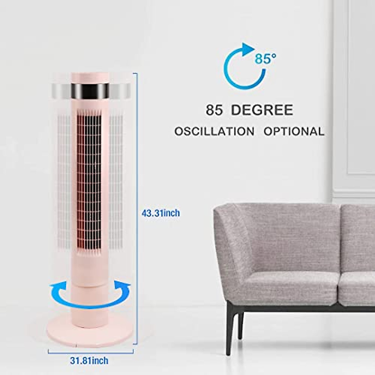 R.W.FLAME Tower Fan with Oscillation, Remote Control, 3 Wind Modes,Time Settings, Portable Bladeless Floor Fans for Home with Children/Pets/Elders(Pink, 43")