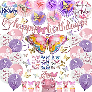 Butterfly Birthday Party Decorations Supplies, Pink & Purple Butterfly Birthday Decorations Include Paper Fans Foil Balloons Happy Birthday Banner Tattoos Wall Stickers Cake Toppers