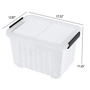 Zopnny 30 Quart Plastic Stacker Box, Large Storage Bin Container with Latching Lids and Wheels for Home and Garage Organizing, Shoes, Tools, Clear Base, 4-Pack