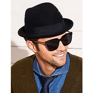 Mens Classic Jazz-Fedora-Hat Manhattan Structured Gangster Trilby Cuban Short Brim Vintage Panama Hats (L:58.5cm/23.03inch, Black)