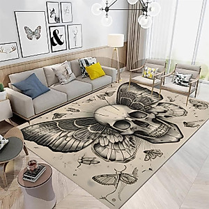 Srocvi Death Moth Area Rug Halloween Spooky Design Carpet with Skulls and Flowers Printed on Wild Animal Moths Butterfly Modern Retro Rustic Gothic Art Aesthetic Rugs for Yoga Room Porch, 3x4ft