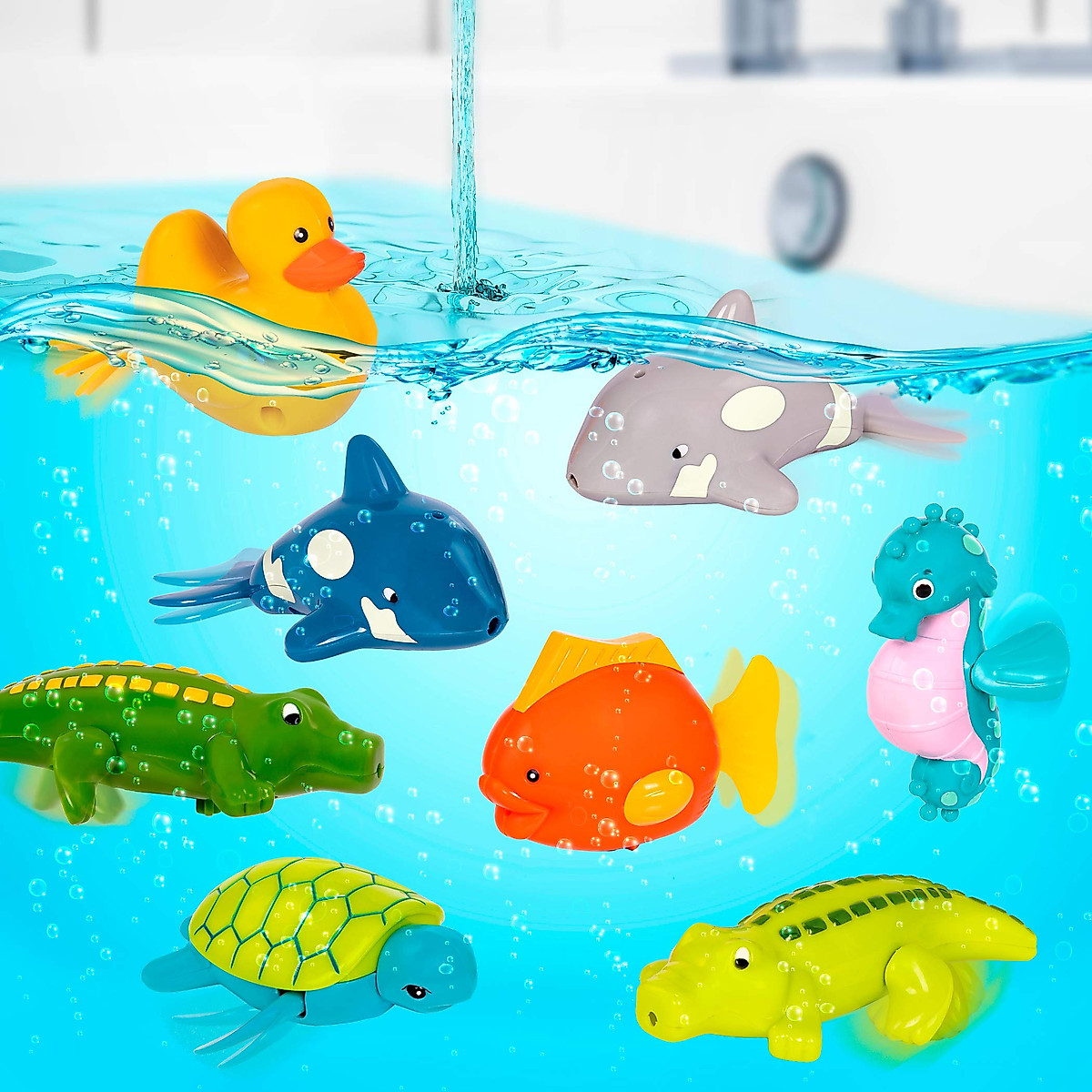 Battat – Paddling Bath Toys – 4-Pack Tub Animals – Floating Toys For Bathtime – Water & Beach Toys – 2 Years + – Wind-Up Tubbies - Turtle, Fish, Crocodile, Whale