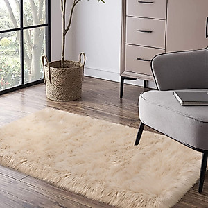 Faux Fur Rug, Beige Small Fluffy Rug for Sofa Chair Couch Cover 2x4 Feet, Ultra Soft Fuzzy Shag Rug for Bedroom, Indoor Shaggy Plush Floor Carpets Luxury Home Decor for Bedside