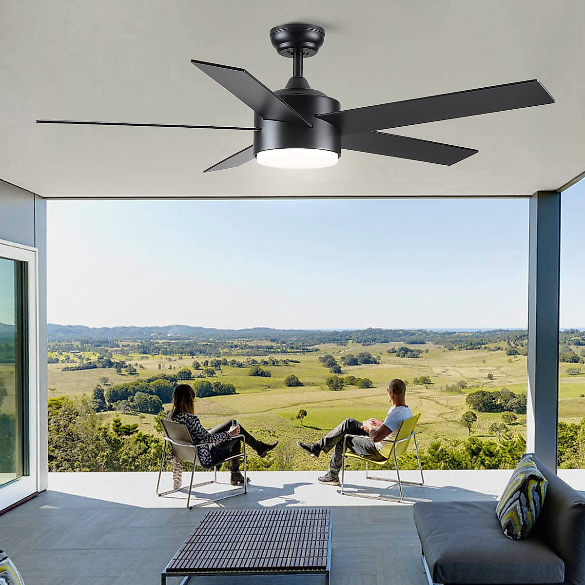 POCHFAN 52 inch Black Ceiling Fans with Lights and Remote Control, Quiet Modern Ceiling Fan for Bedroom, Living Room, Dining Room, Dimmable 3-Color Temperatures 6-Speed
