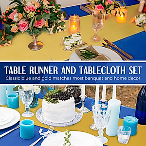 Breling 8 Pack Navy Blue and Gold Disposable Plastic Tablecloths and Satin Table Runner Set, 54 x 108 Inch Tablecloth, 12 x 108 Inch Table Runners for Wedding Graduation Birthday Baby Shower New Year