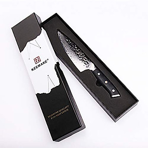 KEEMMAKE Damascus Chef's Knife, 6.5 Inch Gyutou with Hammered AUS-10 Blade, Professional Kitchen Knife with G10 Handle
