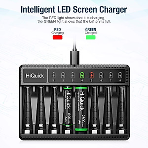 HiQuick 8 Bay Smart Battery Charger with 8 AA Battery + 16 Pack AA Rechargeable Batteries