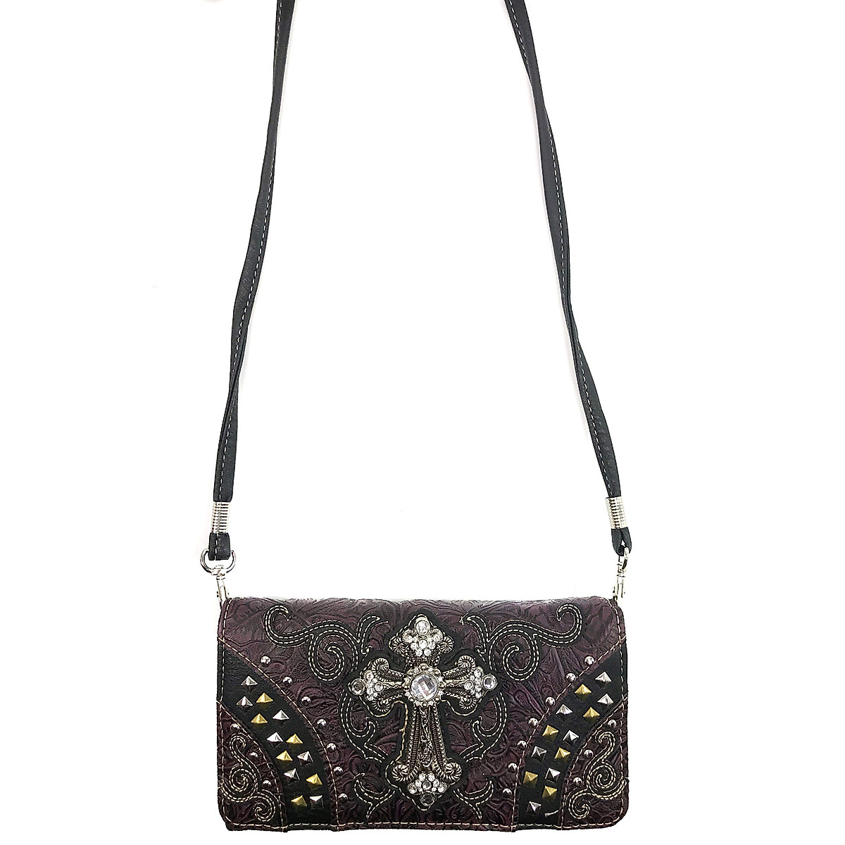 Justin West Clydesdale Tooled Leather Metal Stud Cross Conceal Carry Women Handbag Purse (Purple Wallet Only)