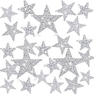 Syhood 24 Pieces Star Patches Iron on Patches Star Appliques Rhinestone Adhesive Sequin Star Patches Glitter Star Patches Appliques for Clothing Jeans Repair Decoration(1.57/2.36/3.15 Inch,Silver)