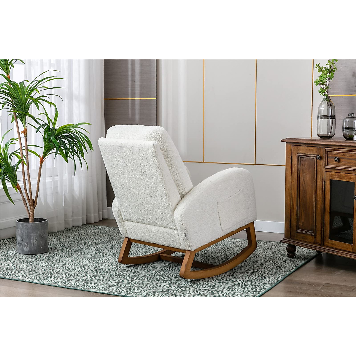 Pannow Upholstered Rocking Chair Mid-Century, Modern Nursery Rocking Armchair, Upholstered Tall Back Accent Glider Rocker with 2-Side Pocket for Bedroom Living Room Lounge (White Teddy)