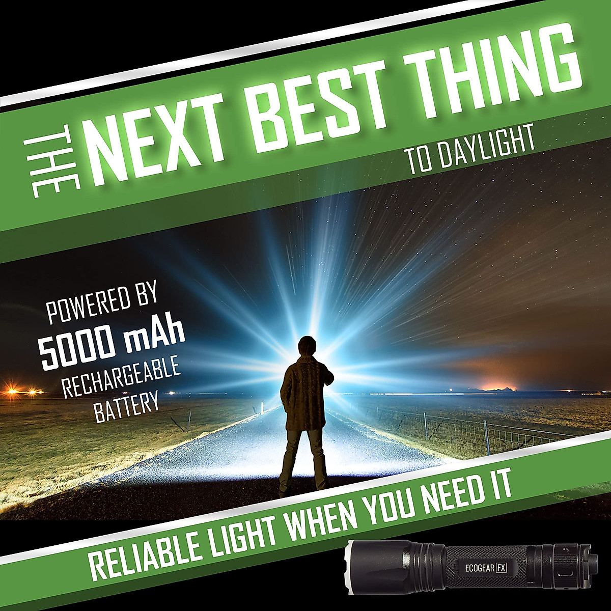 EcoGear FX TK2000 Tactical Flashlight Kit - Delivering 2000 Lumens Max, 3 Light Modes with Instant Strobe Light, Adjustable Focus Zoom, USB Rechargeable with a 5000mAh High Power Battery