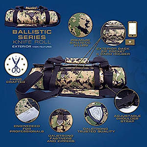 Dalstrong - Ballistic Series Knife Roll - Premium Ballistic Nylon & Top Grain Leather Roll Bag - 22 Knife Slots - Interior and Rear Zippered Pockets - Blade Travel Storage/Case (Digital Camouflage)