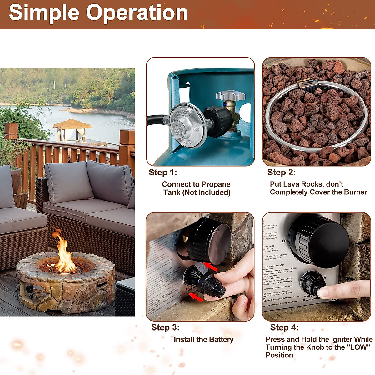 Toolsempire 7 Pieces Patio Furniture Set with 40,000 BTU Propane Round Fire Pit Table, Patio Fire Table Set with Cushions, Lava Rocks & Waterproof Cover, Wicker Conversation Set for Garden(Coffee)