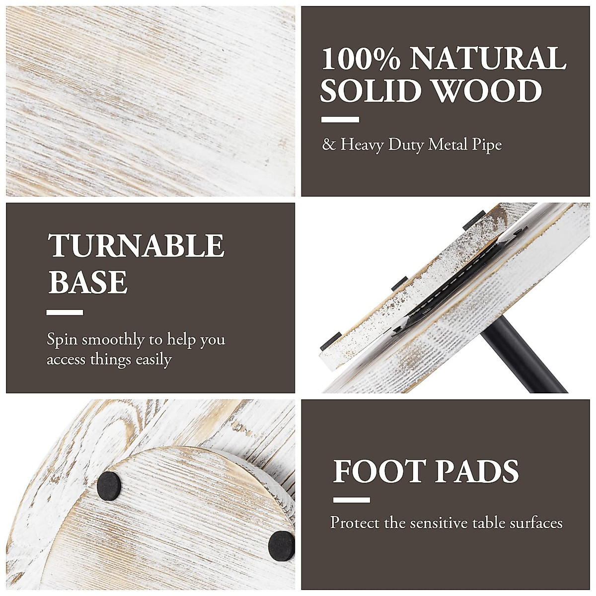 MyGift 2 Tier Lazy Susan Dessert Display Stand - Shabby White Washed Solid Wood and Industrial Matte Black Metal Pipe 360 Degree Rotating Cupcake Riser Tray