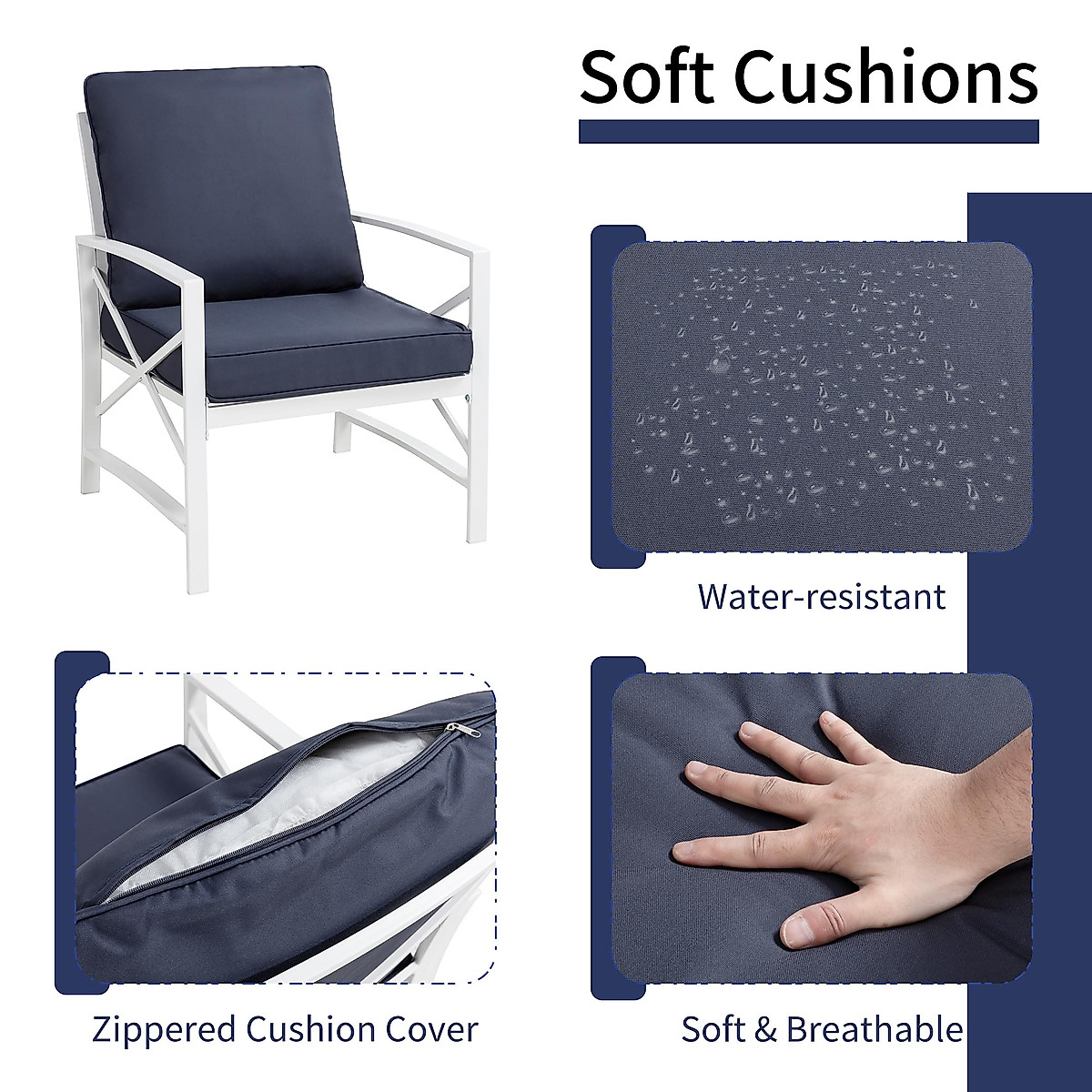 SUNLEI Patio Furniture 3-Piece Conversation Set, Small Outdoor Furniture with Deep Cushion Loveseat Sofa and Matching Side Coffee Table, Outside Metal Sofa Set for Balcony, Yard, White & Blue