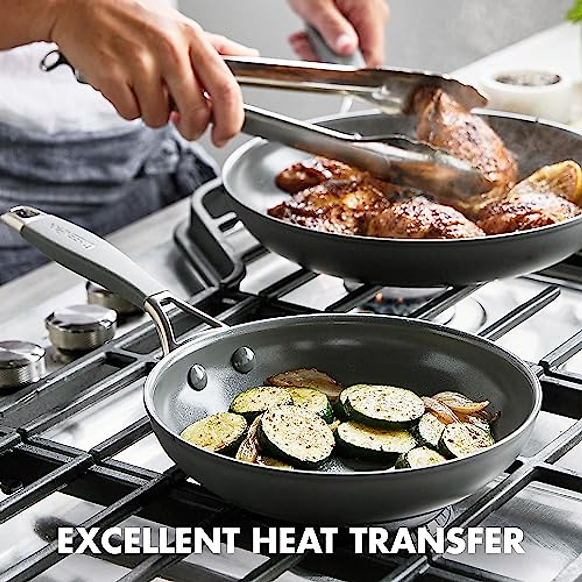 GreenPan York Hard Anodized Healthy Ceramic Nonstick 8" and 10" Frying Pan Skillet Set, Durable Forged Base, Scratch Resistant, Ergonomically Designed Silicone-Wrapped Handles, PFAS-Free, Gray